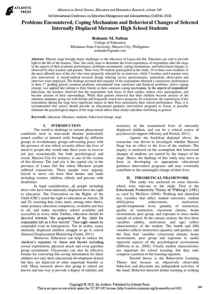Problems Encountered, Coping Mechanism and Behavioral Changes of Selected Internally Displaced ...