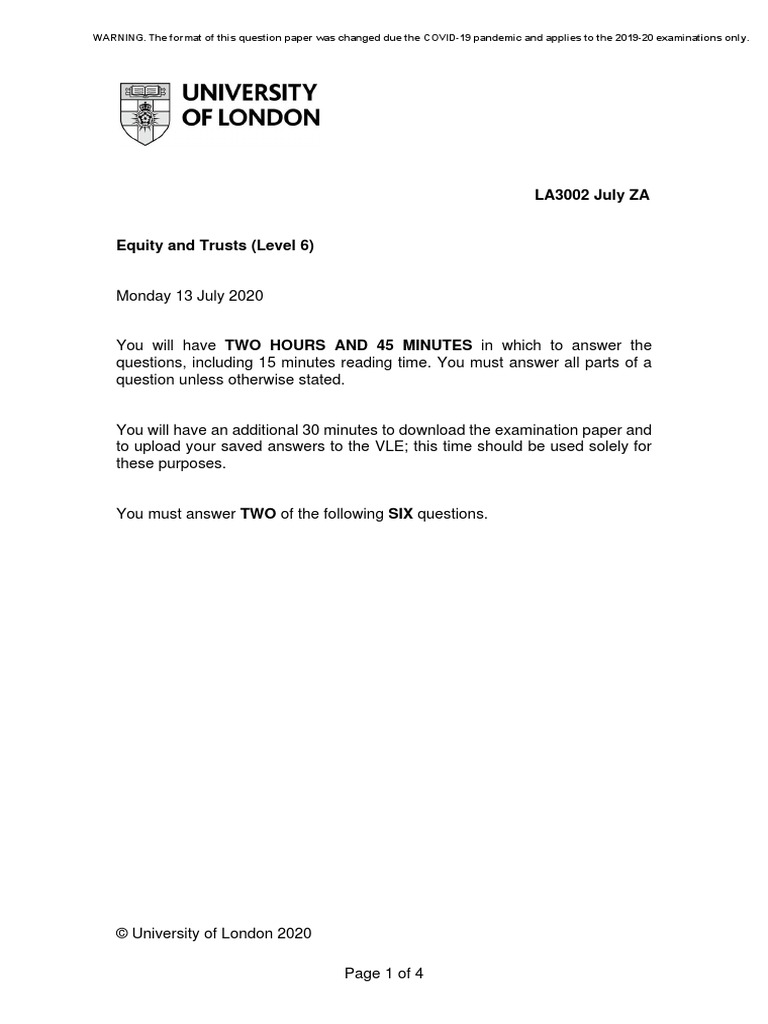 Trusts L6 Exam 2020 A | PDF | Trust Law | Payments