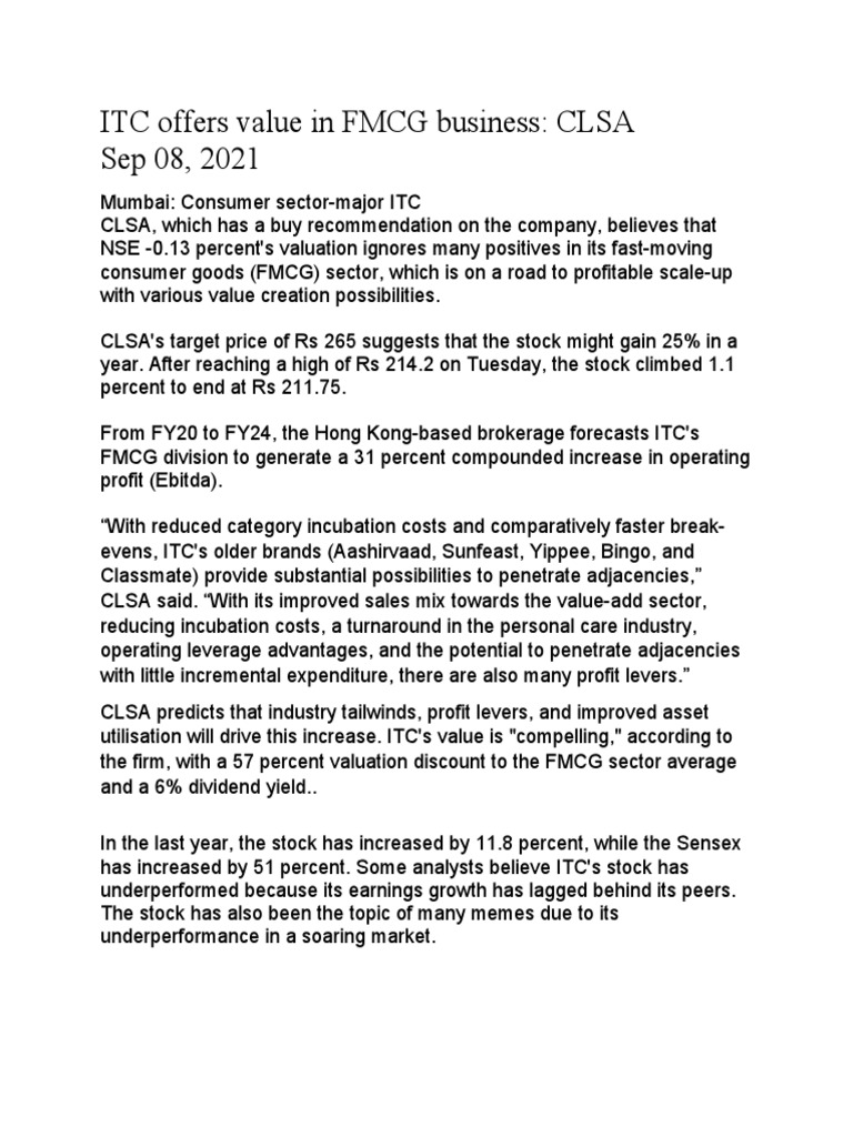 ITC Offers Value in FMCG Business: CLSA Sep 08, 2021 | PDF | Business