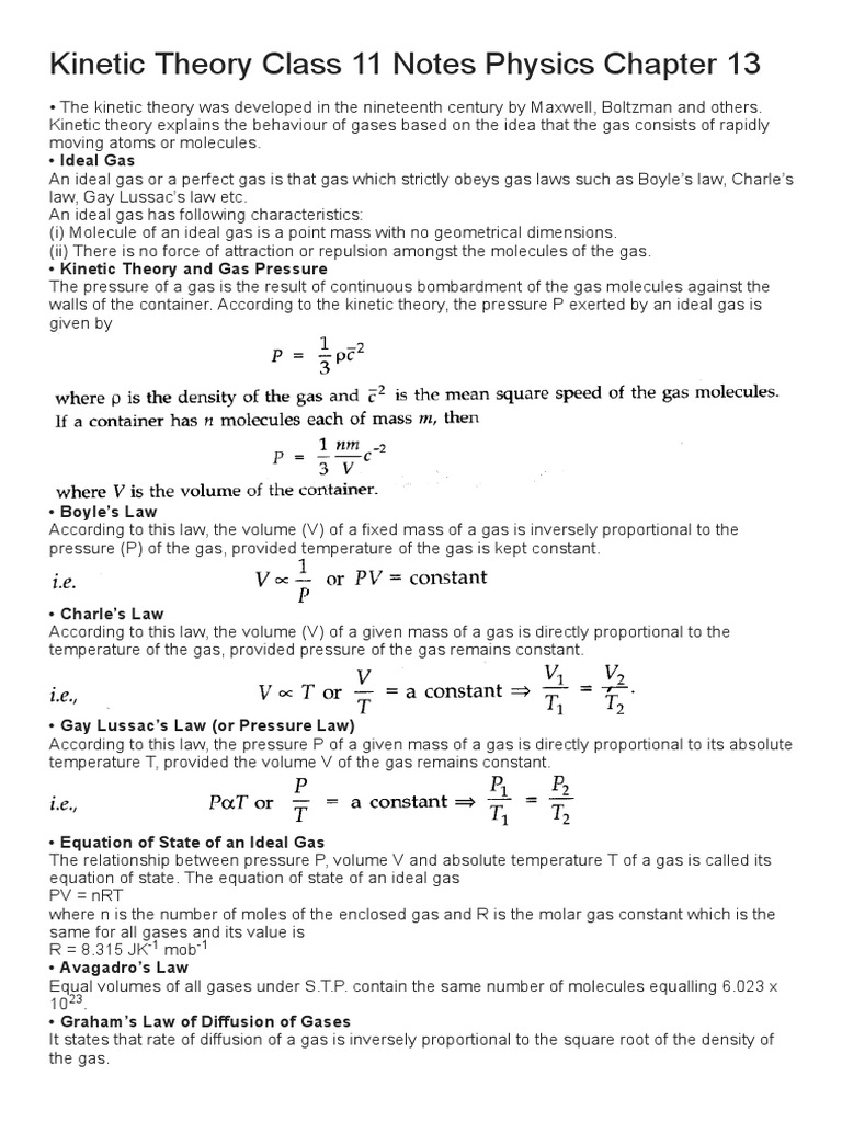 Kinetic Theory of Gases: Class 11 Notes | PDF | Gases | Temperature