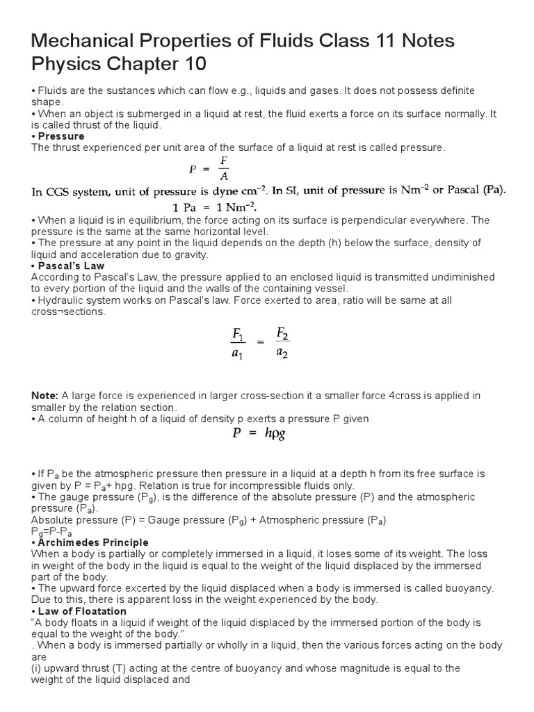 Mechanical Properties of Fluids Class 11 Notes Physics Chapter 10 ...