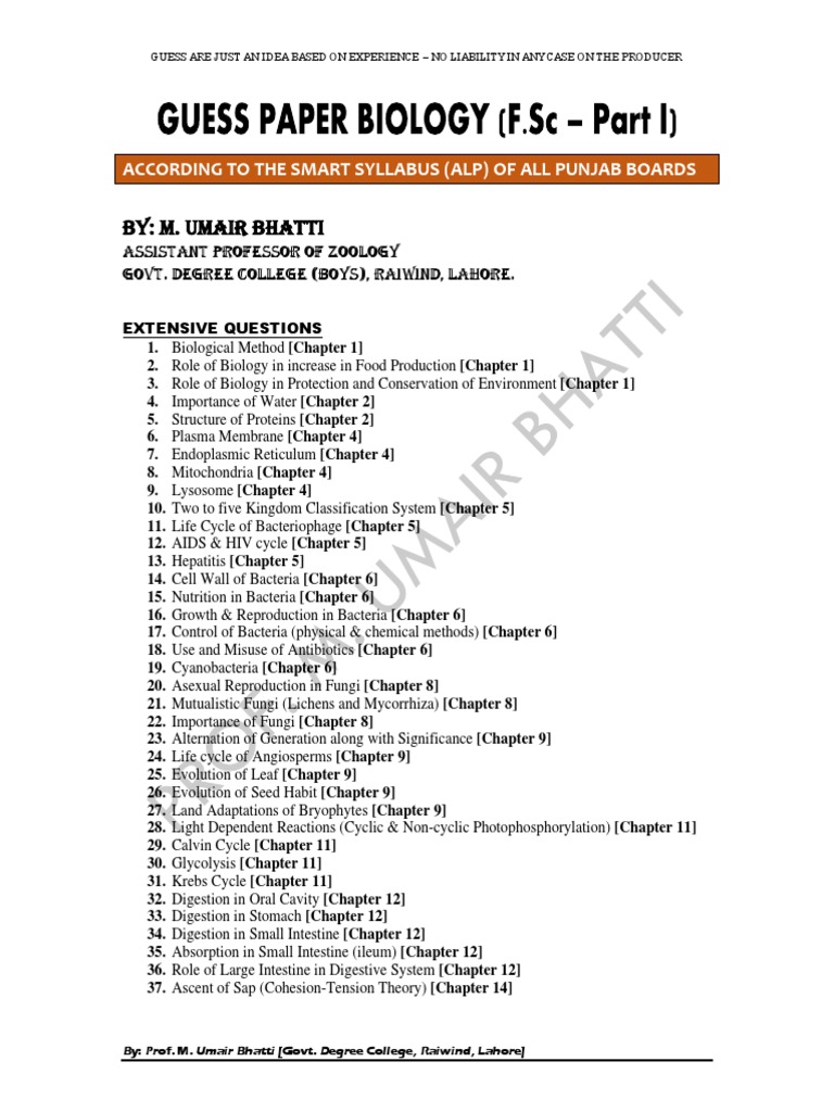 Guess Paper Biology Part I (2021) | PDF | Respiratory System | Enzyme