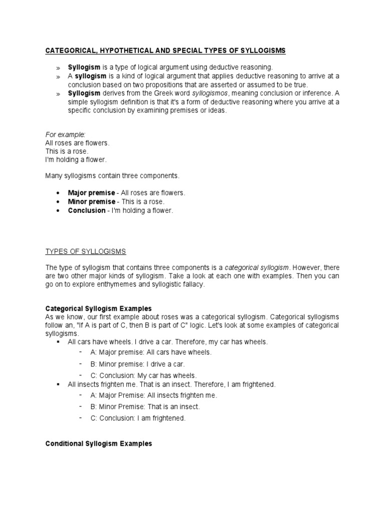 Categorical, Hypothetical and Special Types of Syllogisms: For Example ...