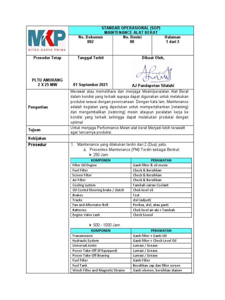 SOP-Maintenance Alat Berat | PDF