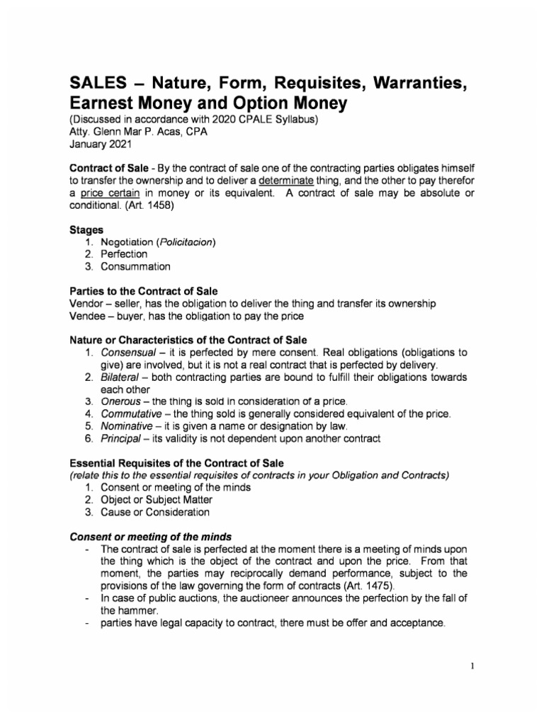 01 Nature, Form, Requisites, Warranties, Earnest Money and Option Money ...