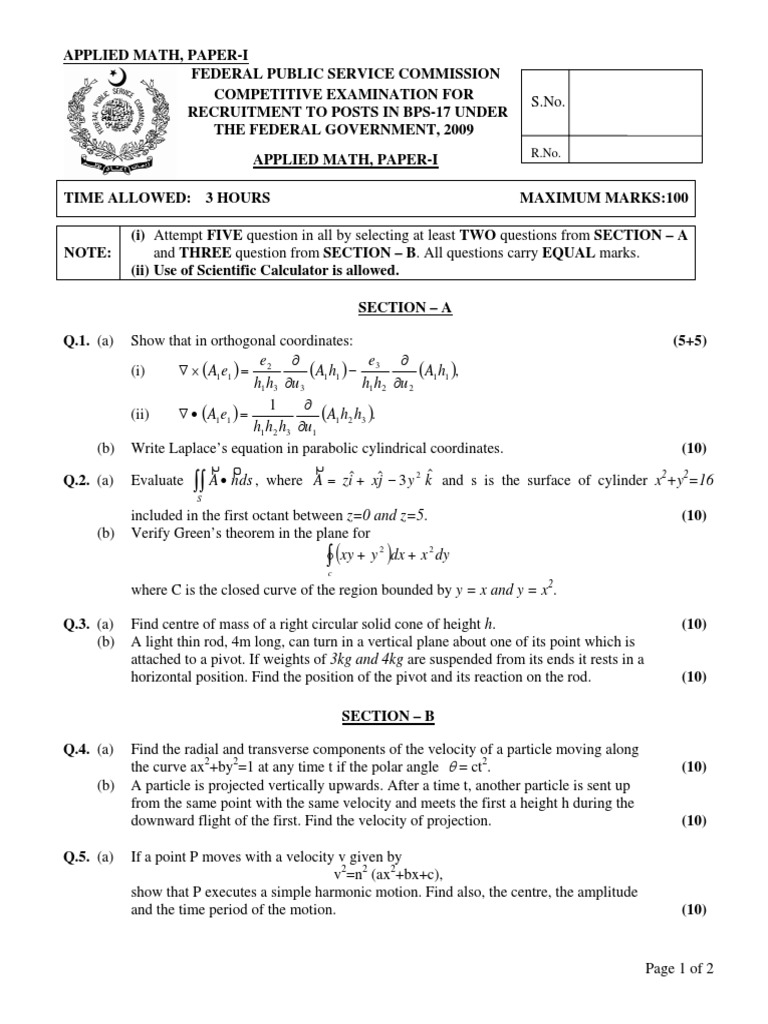 Applied Math Exam Paper 2009 | PDF | Velocity | Force
