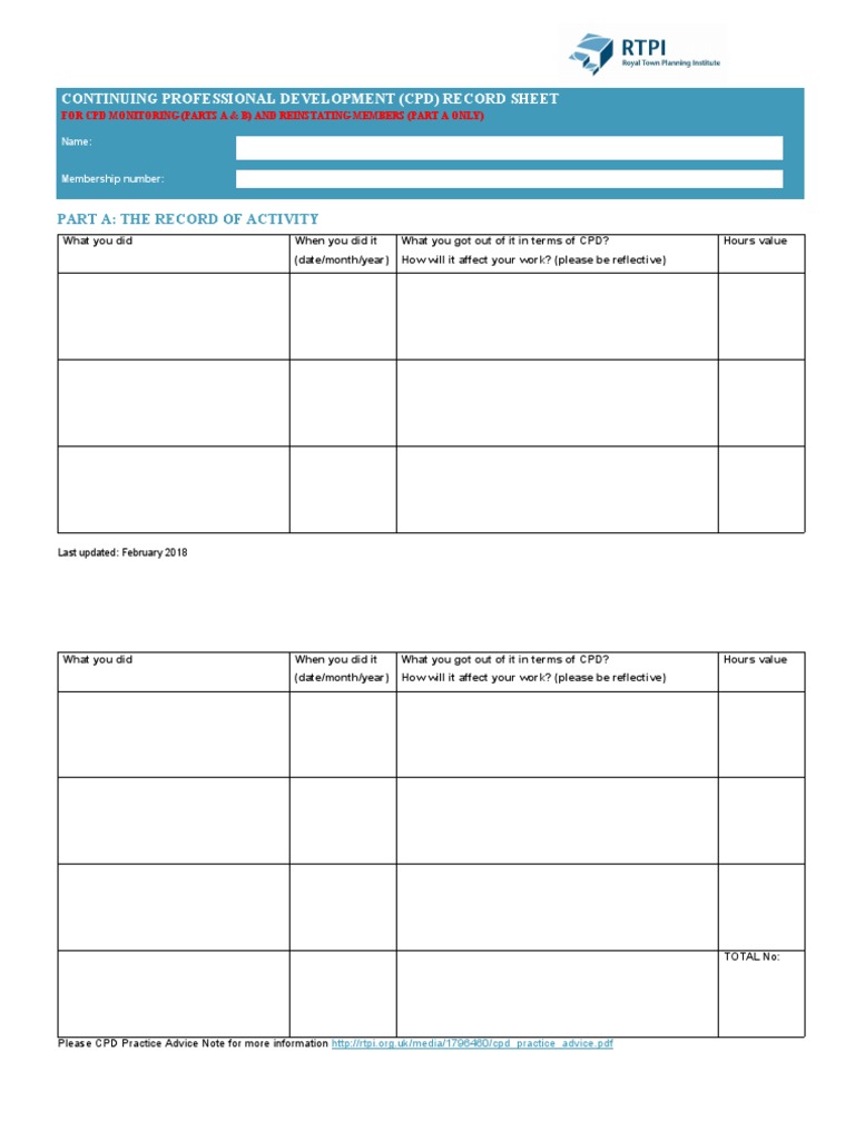 Continuing Professional Development (CPD) Record Sheet: Part A: The ...