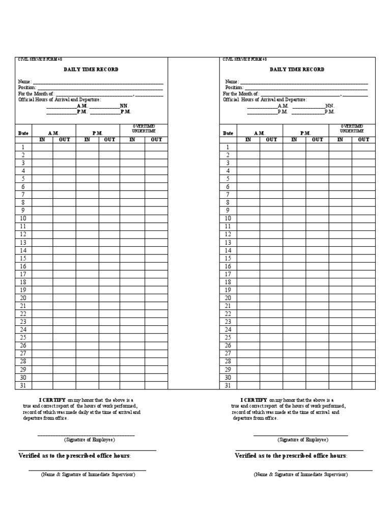 Daily Time Record Form Tracking Employee Work Hours and Overtime ...