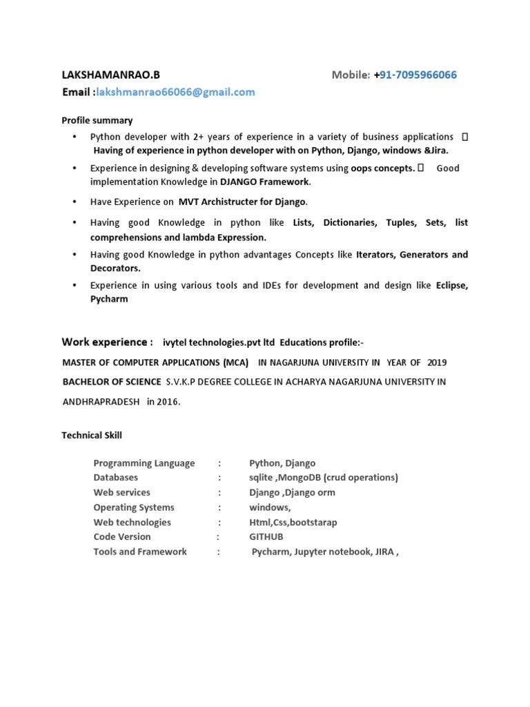 Resume 2+ SR Lakshman | PDF | Python (Programming Language ...