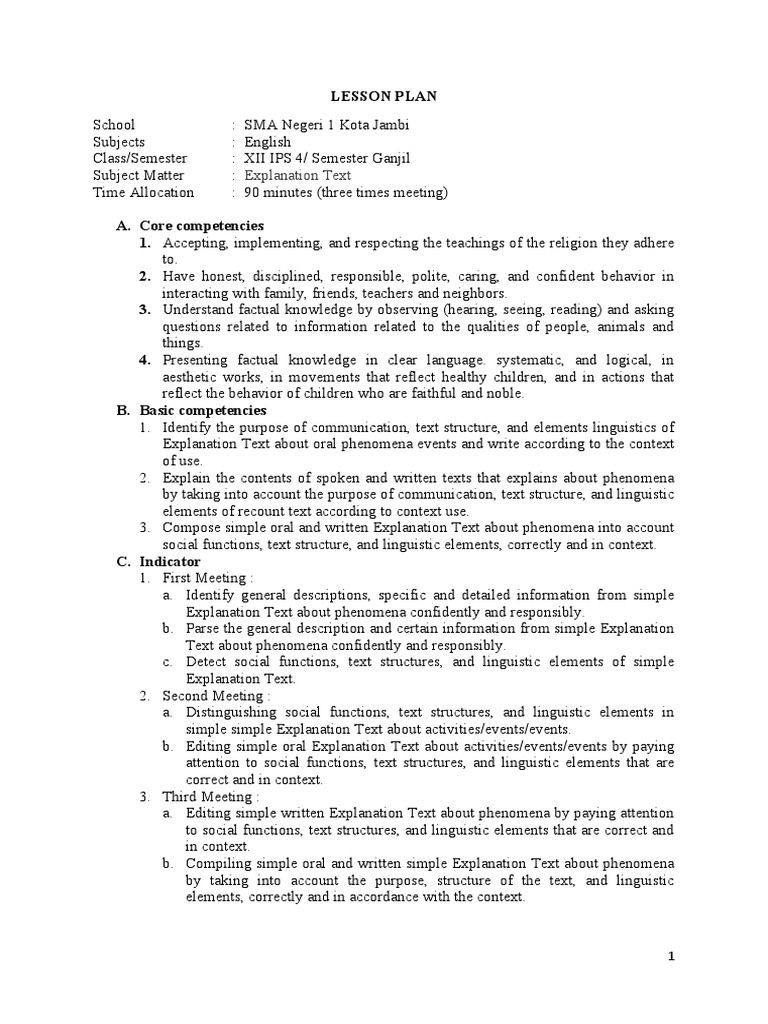 English Lesson Plan: Explanation Text | PDF | Linguistics | Teachers