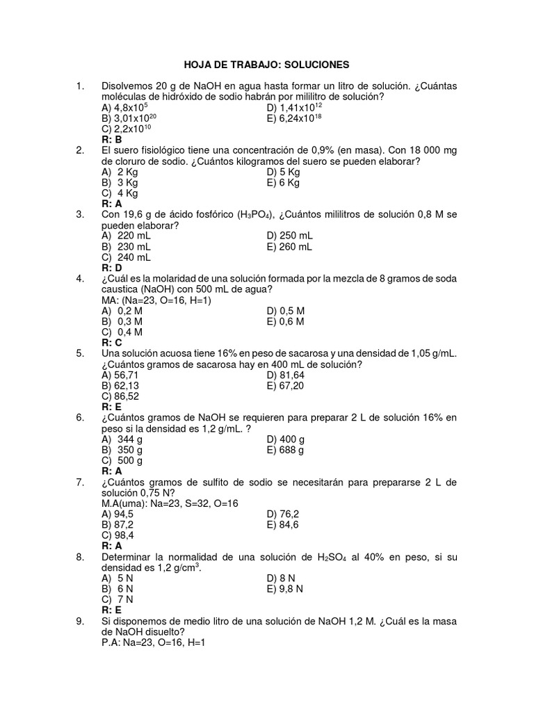 Hoja De Trabajo Sobre Las Propiedades De Las Soluciones