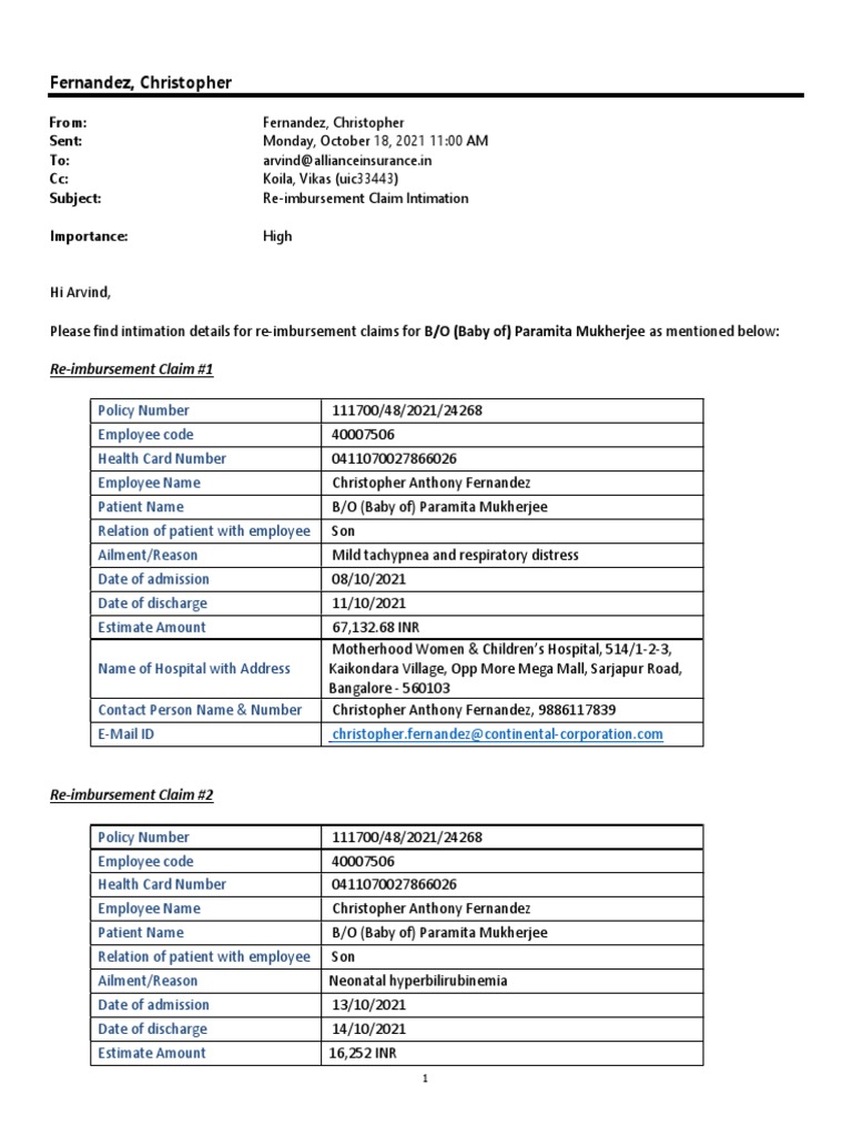 Claim Intimation | PDF | Diseases And Disorders | Clinical Medicine