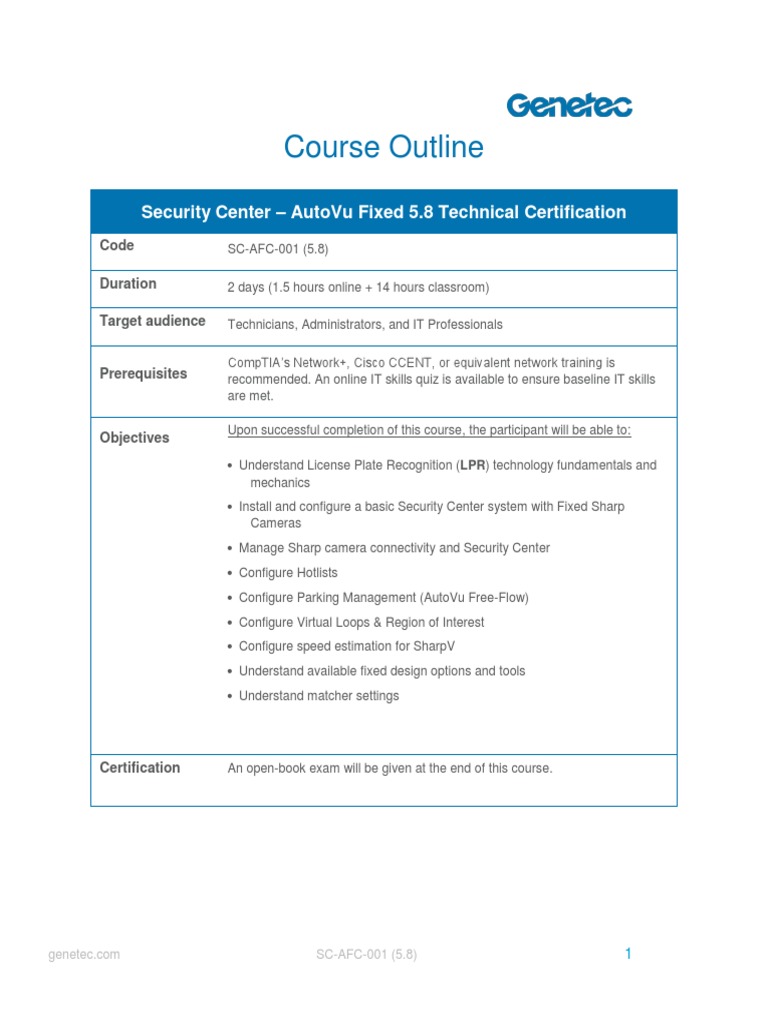Genetec TrainingOutline SC AFC 001 5.8 | PDF | Server (Computing ...