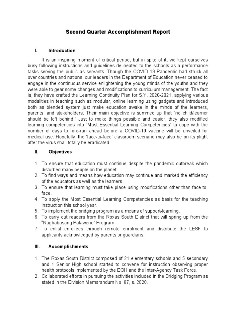 Second Quarter Accomplishment Report | PDF | Teachers | Schools
