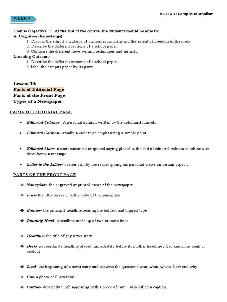 Lesson 10: Parts of Editorial Page Parts of The Front Page Types of A ...