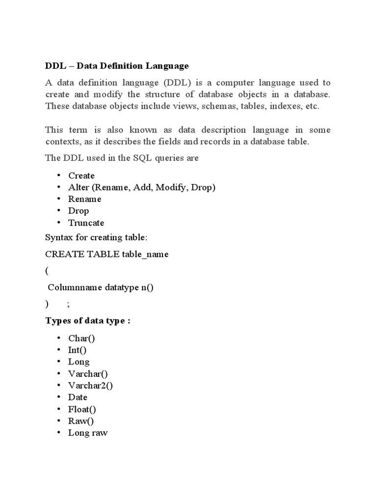 DDL - Data Definition Language | PDF | Sql | Software Engineering