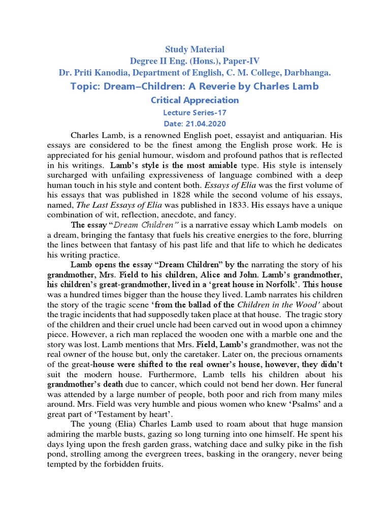 Analysis of "Dream Children" by Lamb | PDF | Essays | Dream