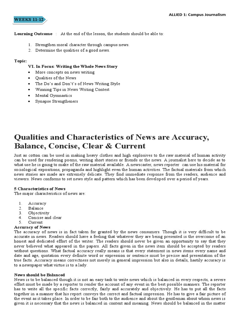 Campus Journalism: Qualities of Effective News Writing and Transitional ...