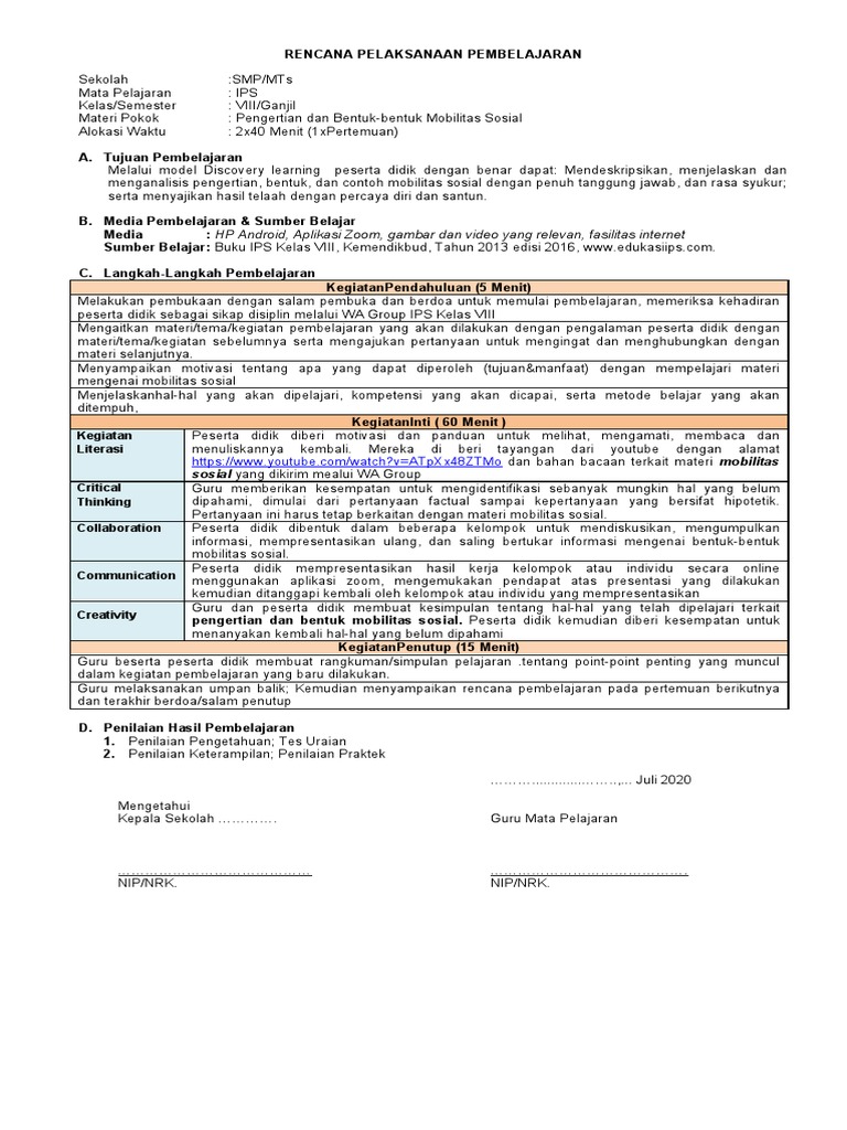 RPP Ips Kelas 8 Ganjil Mobilitas Sosial (Nurlila Dwi P) | PDF