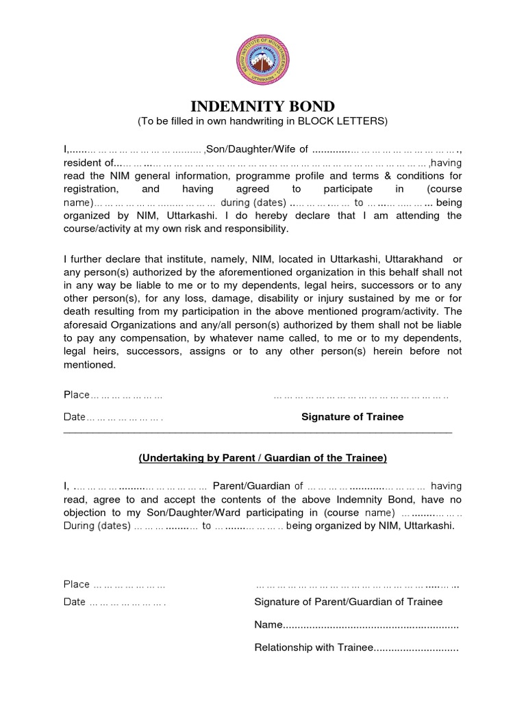 NIM Indemnity Bond Format | PDF