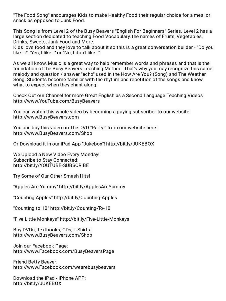 The Food Song - Kids + Children Learn English Songs | PDF | English As ...