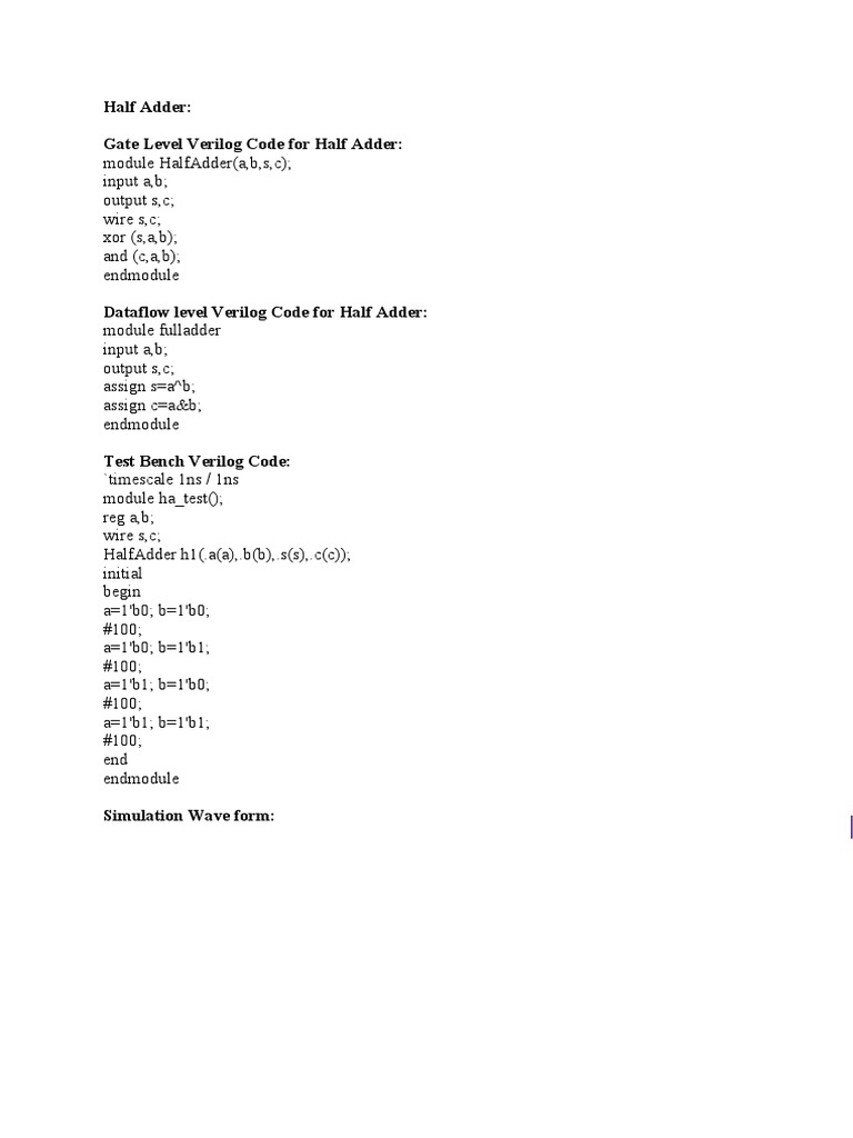 Half Adder: Gate Level Verilog Code For Half Adder | PDF | Electronic ...