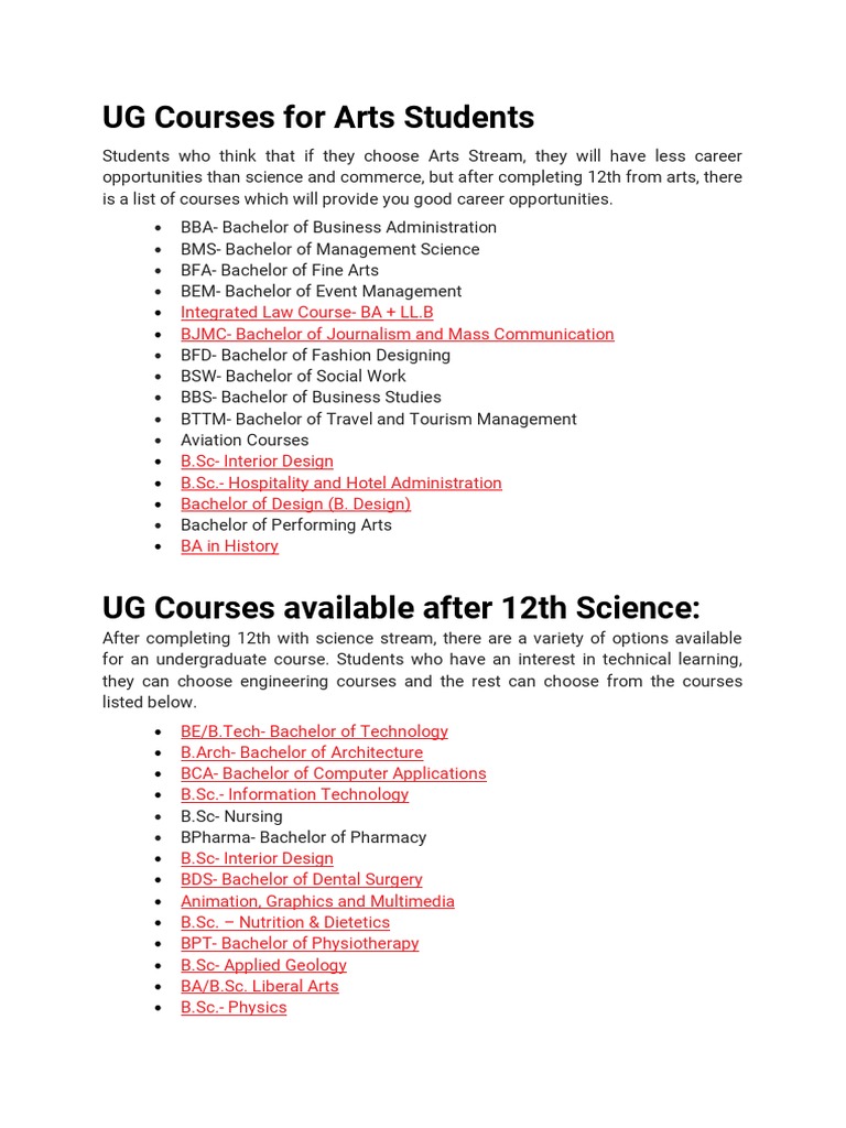 UG Courses For Arts Students | PDF | Bachelor's Degree | Engineering