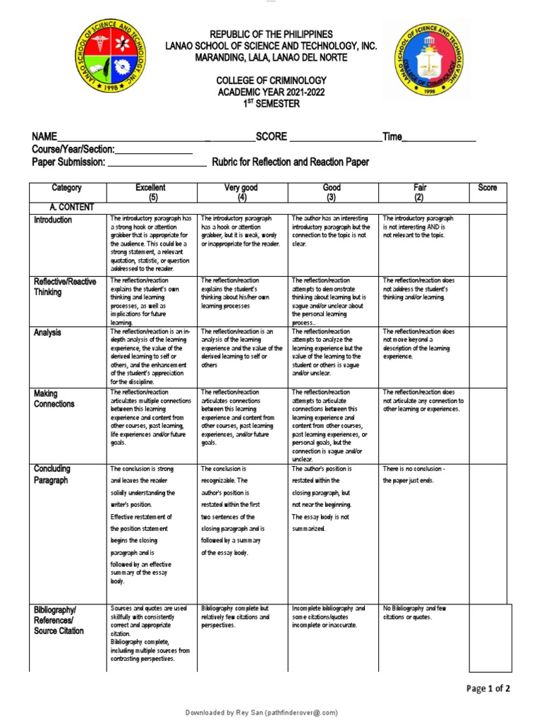 Name - Score Time - Course/Year/Section: Paper Submission: Rubric For ... Name - Score Time - Course/Year/Section: Paper Submission: Rubric For ...