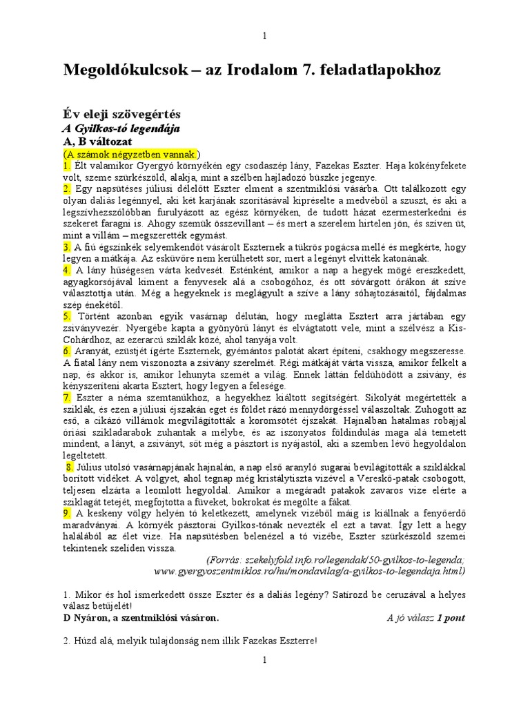 Megoldókulcs Irodalom 7. Feladatlap - Végig | PDF