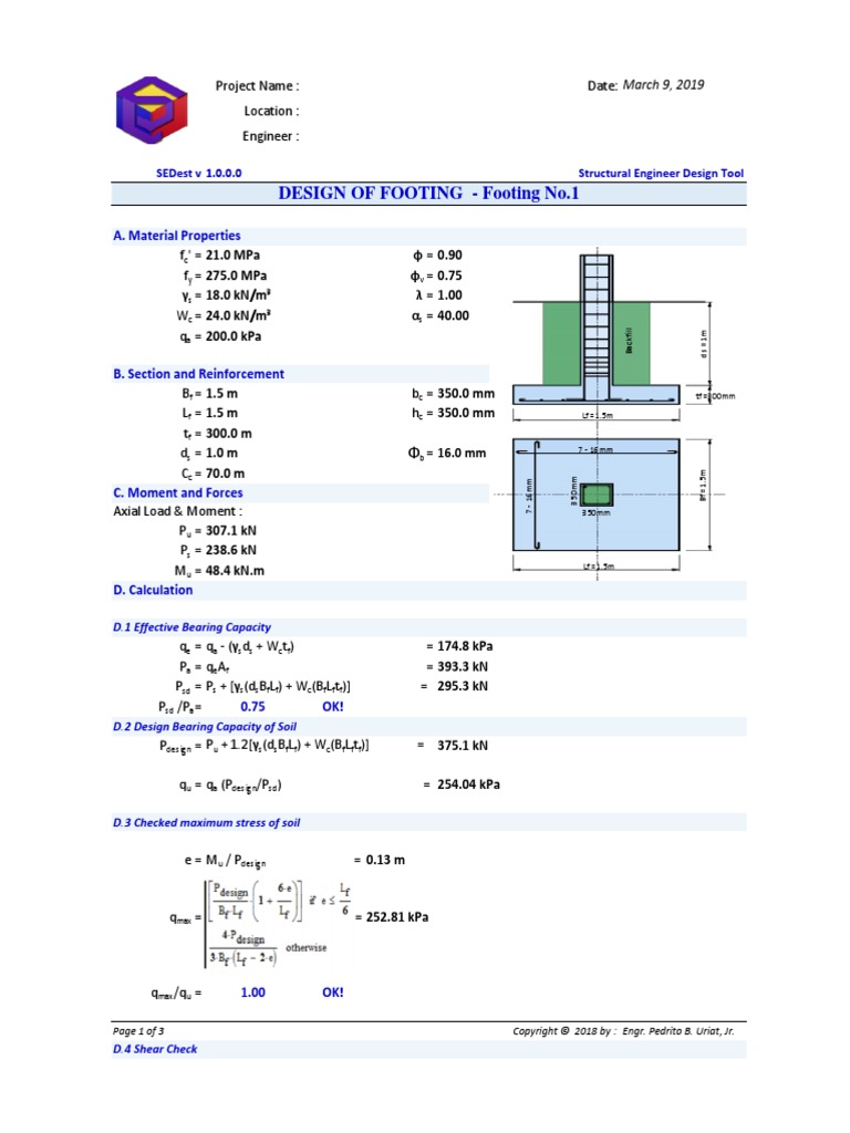 SEDest Footing Report - Footing No.1 | PDF | Solid Mechanics | Civil Engineering