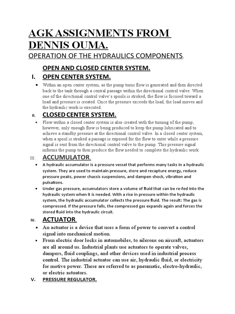 Agk Assignments From Dennis Ouma.: Operation of The Hydraulics Components | PDF | Actuator | Engines