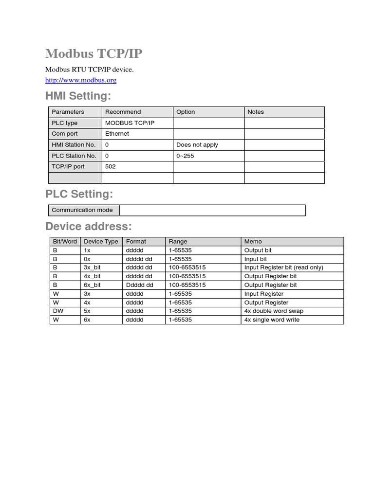 Modbus TCP/IP: HMI Setting | PDF