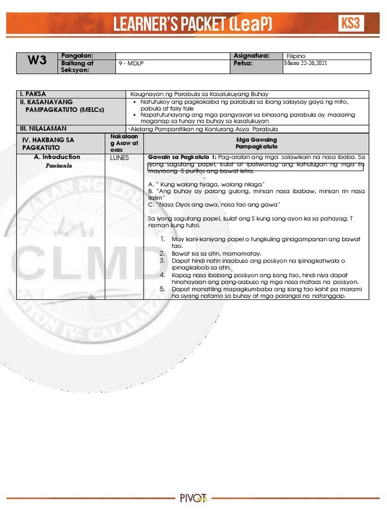 LeaP Filipino G9 Week 1 Q3 EDITED | PDF