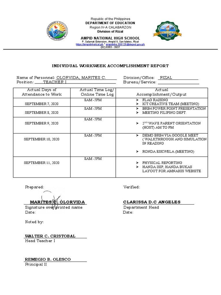 Individual Workweek Accomplishment Report: Ampid National High School | PDF
