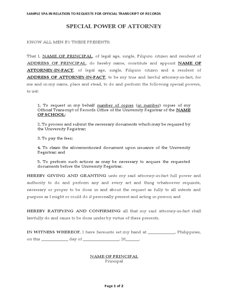 SPA for Transcript Requests in Philippines | PDF | Power Of Attorney ...