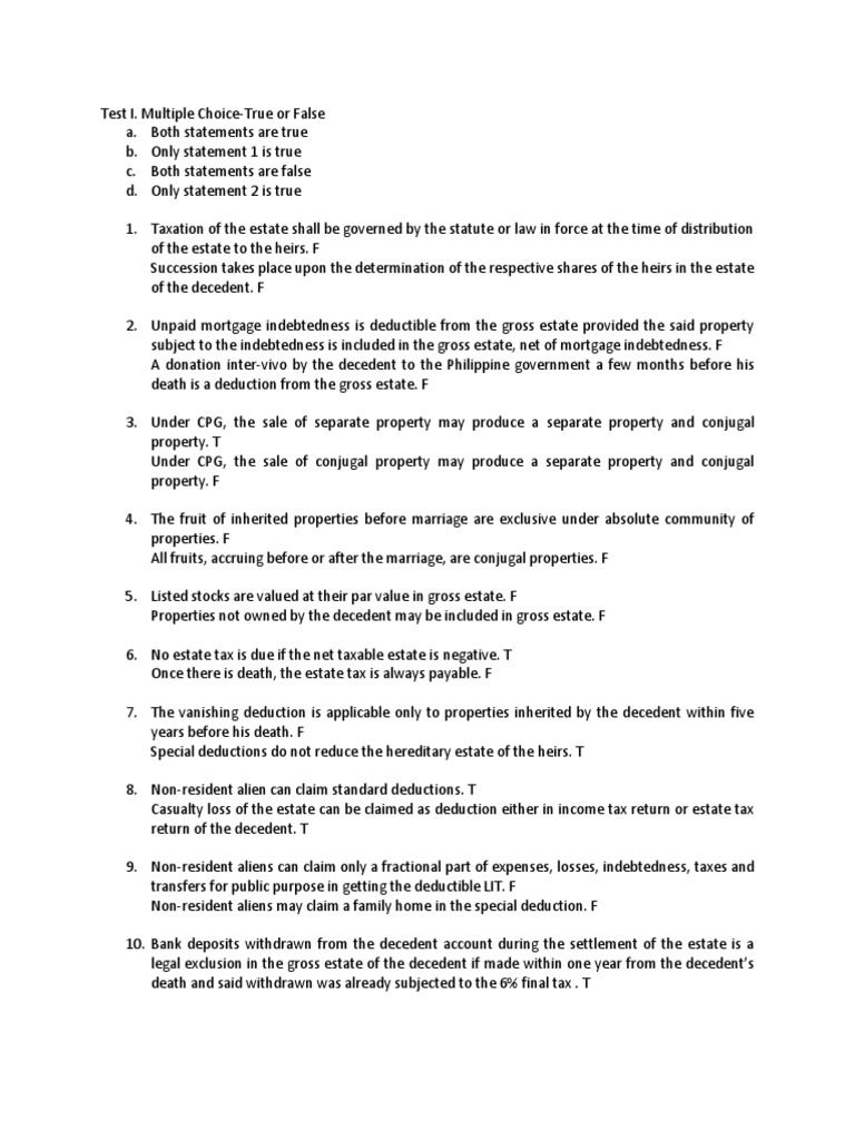 Estate Tax Quiz and Problem Solutions | PDF | Tax Deduction ...