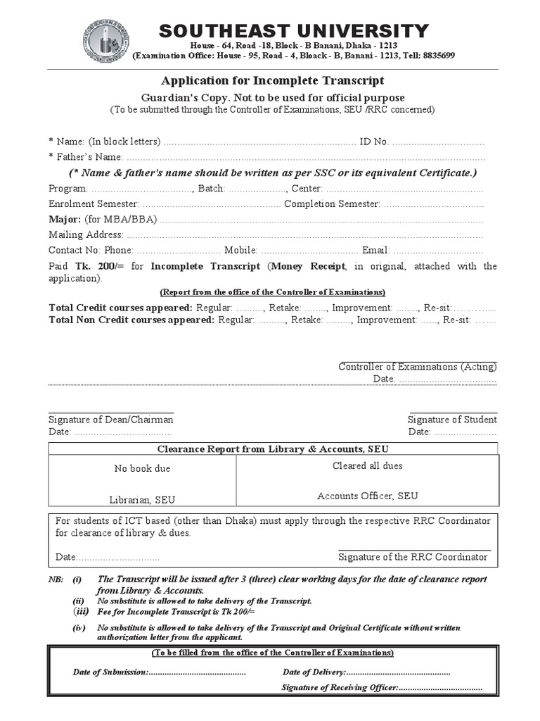 Incomplete Transcript Application Form | PDF | Finance & Money Management
