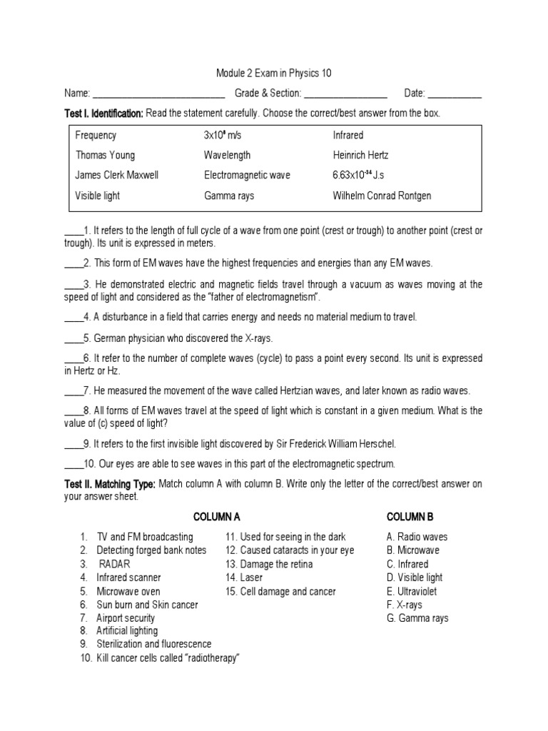 Module 2 Exam in Physics 10: Key to Understanding Electromagnetic Waves ...