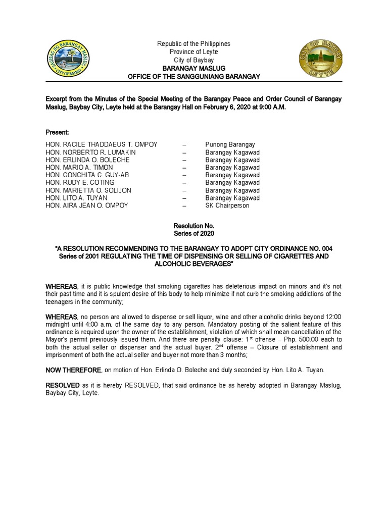 BARANGAY RESOLUTION - Selling of Cigarettes & Alcoholic Beverages | PDF ...