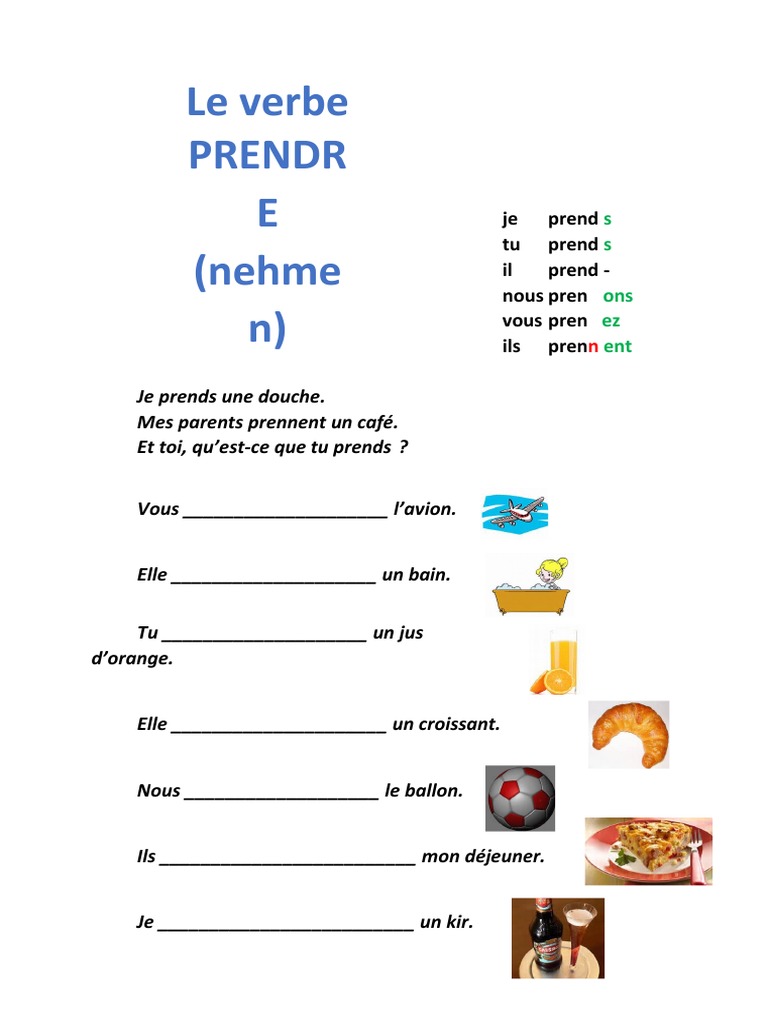 Le Verbe Prendre Fiche Pedagogique - 91626 | PDF