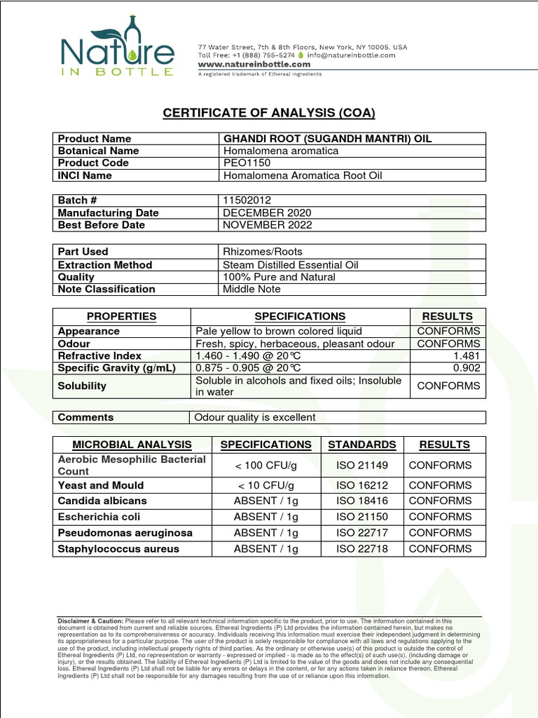 Certificate of Analysis (Coa) : Aerobic Mesophilic Bacterial Count ...