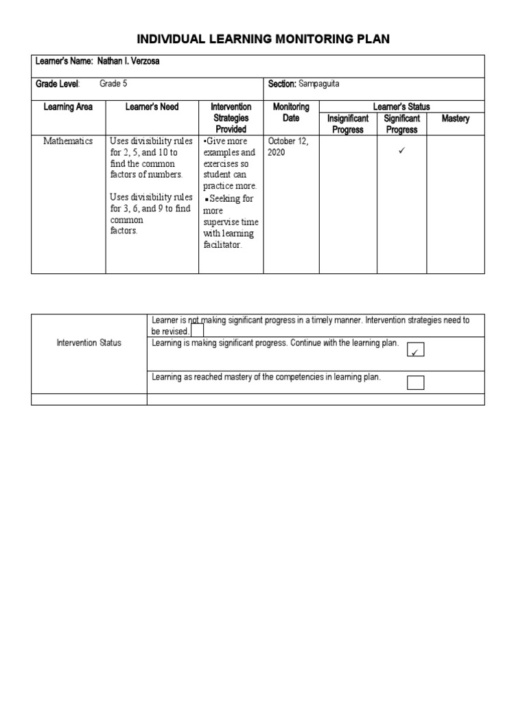 INDIVIDUAL LEARNING MONITORING PLAN-Sample | PDF