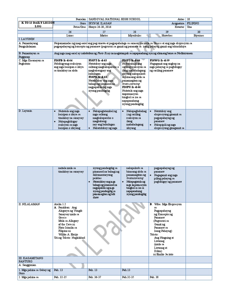 DLL Filipino Grade10 Quarter1 Week4 (Palawan Division) | PDF