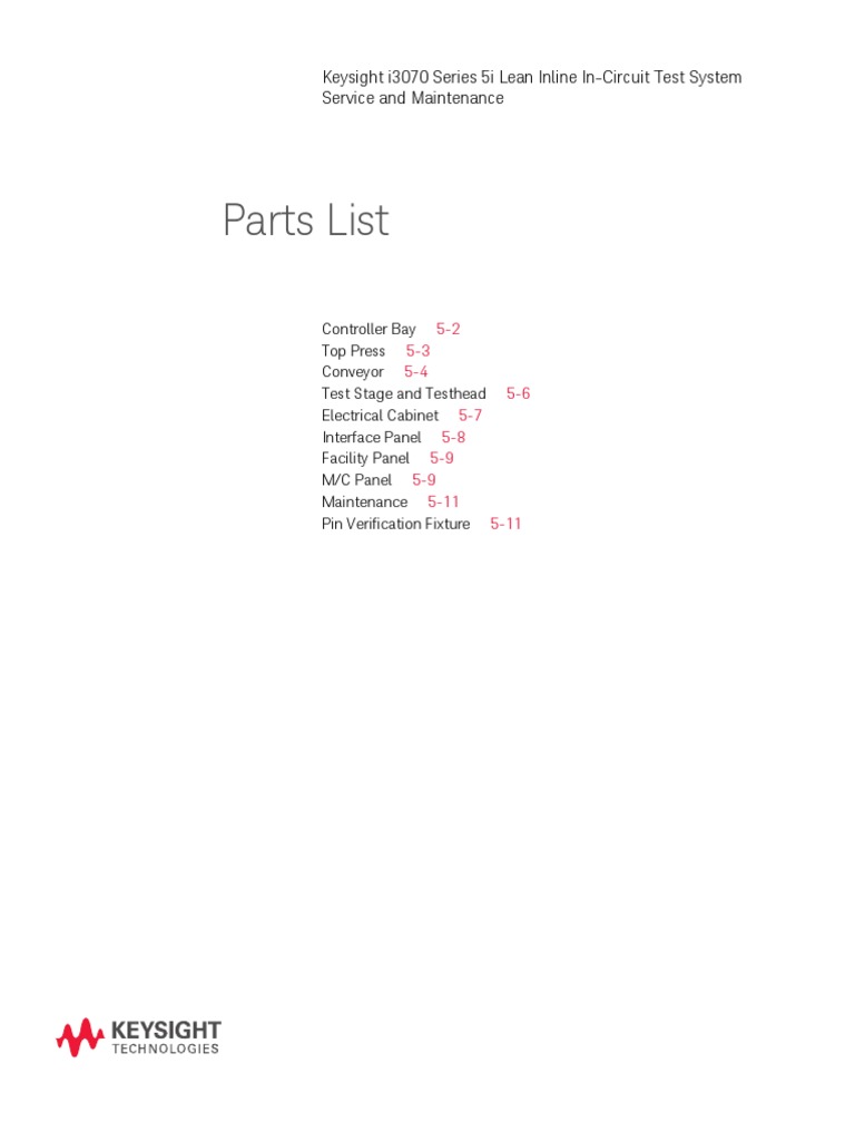 Parts List: Keysight I3070 Series 5i Lean Inline In-Circuit Test System ...
