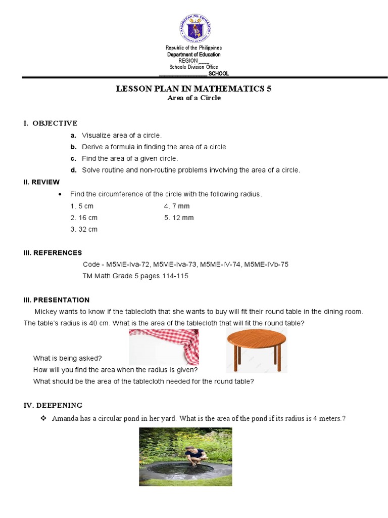 Grade 5 Lesson Plan: Area of a Circle | PDF | Area | Metrology