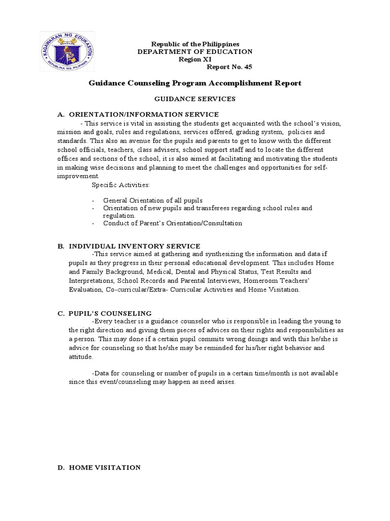 Guidance Counseling Program Accomplishment Report | PDF | Teachers | School Counselor