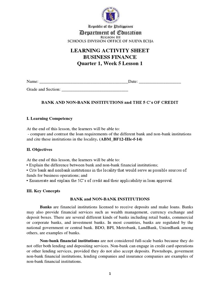 Learning Activity Sheet Business Finance Quarter 1, Week 5 Lesson 1 ...