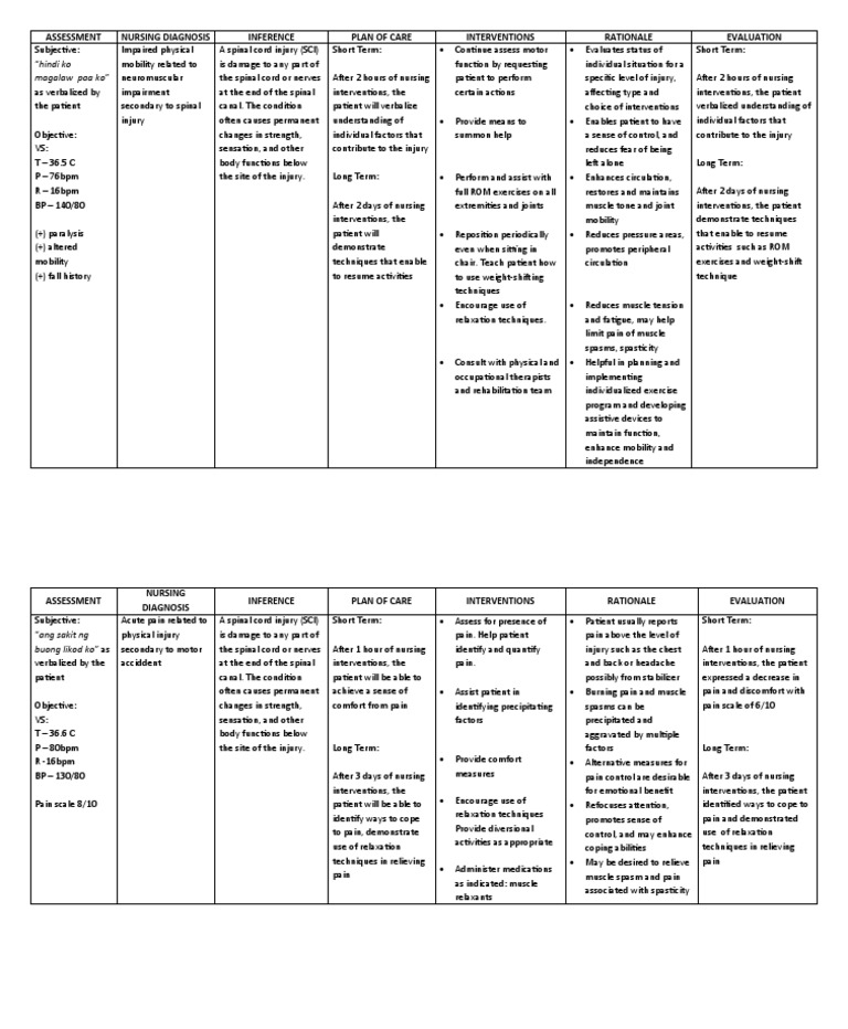 Nursing Care Plan for Spinal Injury | PDF | Pain | Spinal Cord Injury