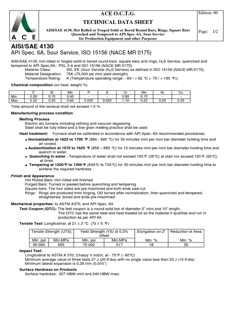 AISI 4130 To API 6A Ed00 | PDF | Heat Treating | Rolling (Metalworking)