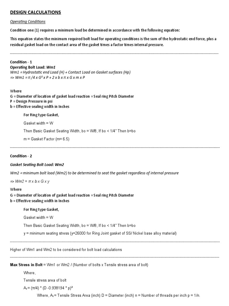 Design Calculations: Condition - 1 Operating Bolt Load: Wm1 | PDF ...
